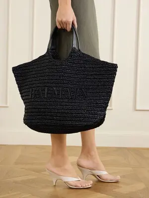 Balmain Large Logo Embroidered Raffia Tote Bag - Black