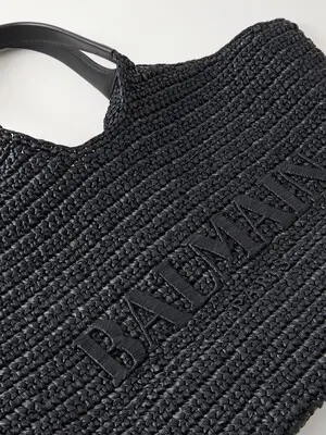 Balmain Large Logo Embroidered Raffia Tote Bag - Black