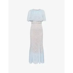 SELF-PORTRAIT Caped Sleeve Belted Lace Midi Dress - Light Blue