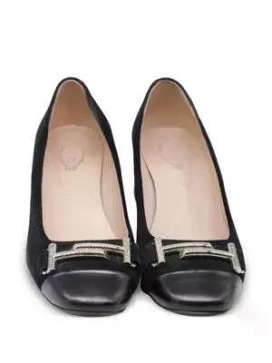 TOD'S Suede Double T Buckle Block Heel Pumps