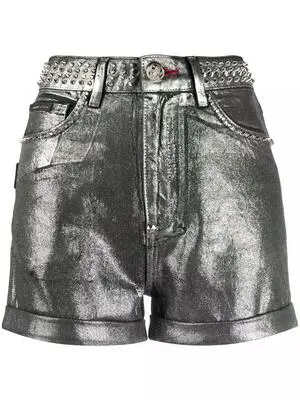 Philipp Plein Metallic Studded Denim Shorts - Silver