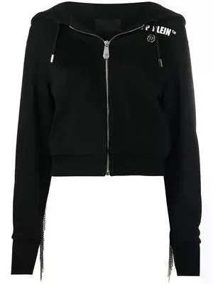 Philipp Plein Cropped Hoodie With Fringed Edge - Black