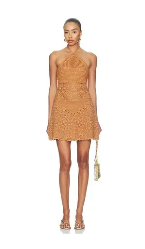 Retrofete Halterneck Crochet Dress With Metallic Threading - Rust