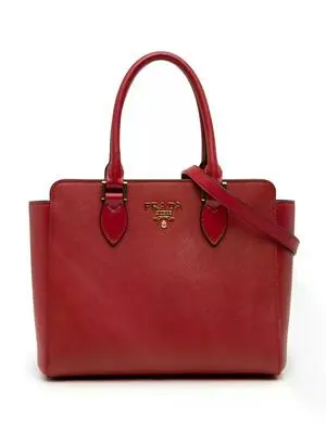 Prada Soft Calf Trimmed Saffiano Lux Zip Convertible Tote Satchel - Red