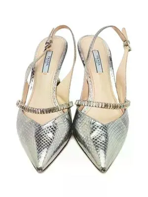 Prada Snakeskin-embossed Crystal-embellished Leather Slingback Pumps - Silver