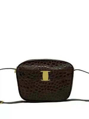 FERRAGAMO Croc Embossed Leather Vara Crossbody Bag