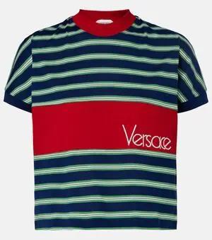 Versace Logo Embroidered Striped Cotton T-shirt - Multicoloured