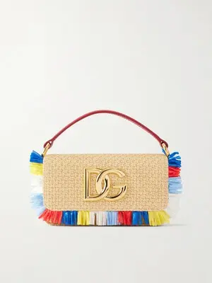 Dolce & Gabbana 3.5' Raffia Shoulder Bag With Fringed Embellishment And Gold-tone Logo - Multi