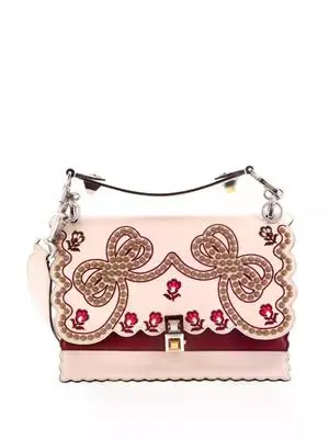 Fendi Kan I Bag Embroidered Studded Leather Shoulder Bag - Neutrals