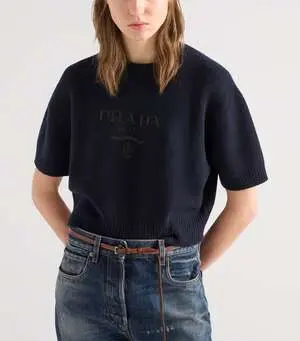 Prada Wool-cashmere Crew Neck Sweater With Embroidered Logo