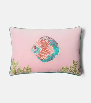 LES-OTTOMANS Embroidered Cotton Velvet Cushion - Pink
