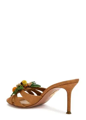 AQUAZZURA Birdsong 75 Appliquéd Woven Raffia Mules - Camel