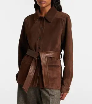 Saint Laurent Belted Suede Jacket With Shearling Trim