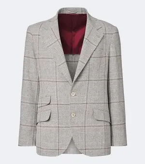 Brunello Cucinelli Checked Silk, Wool, And Cashmere Blazer - Grey