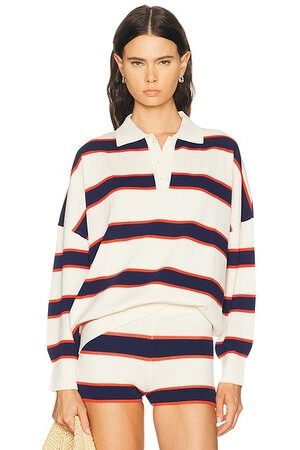 SEROYA Striped Polo Sweater - Eggshell Stripe