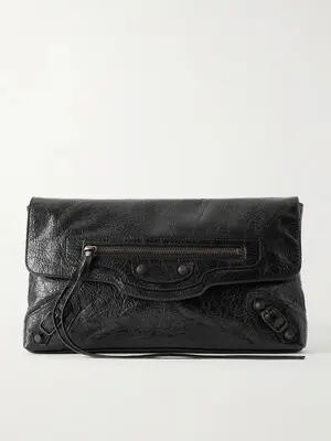 Balenciaga Le City Crinkled Leather Clutch With Studs - Black