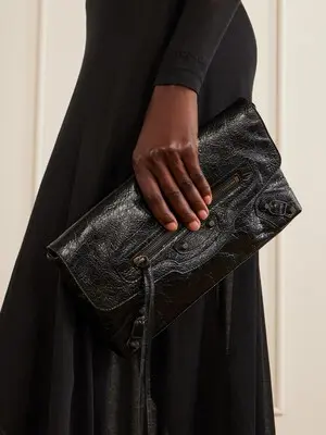 Balenciaga Le City Crinkled Leather Clutch With Studs - Black