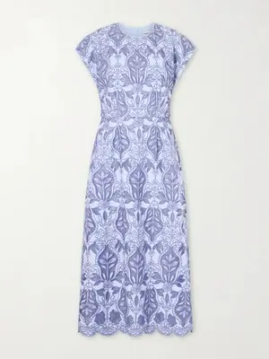 Rebecca Vallance Scalloped Embroidered Cotton Midi Dress - Blue