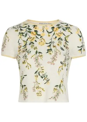 Alice + Olivia Cindy Floral Embroidered Linen T-shirt - Multicoloured