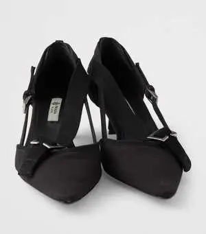 Prada Canvas Buckle Detail Kitten Heel Pumps - Black