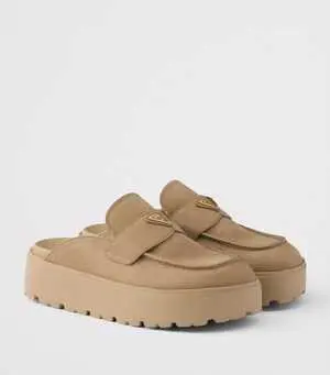 Prada Nubuck Leather Flatform Mules - Neutral