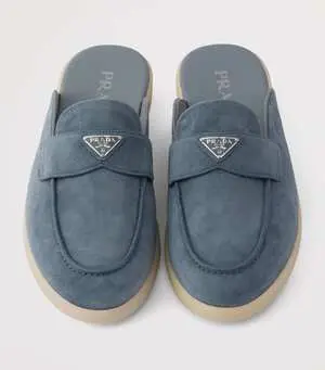 Prada Suede Triangle Mules - Blue