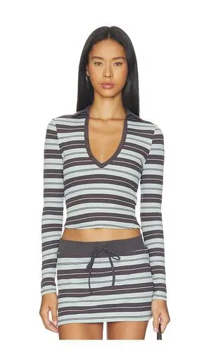 TIGER MIST Long Sleeve Striped Collared Top - Blue