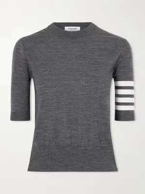 Thom Browne Grosgrain-trimmed Striped Wool-blend Sweater - Gray