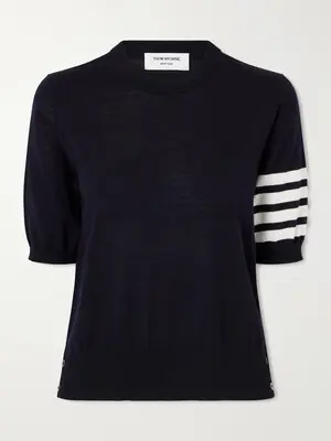 Thom Browne Grosgrain-trimmed Striped Wool-blend Sweater - Blue