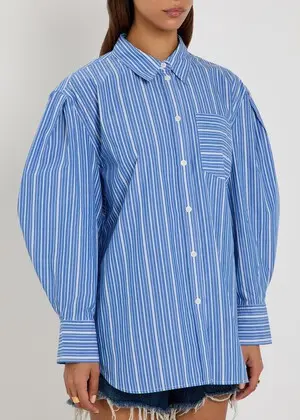 GANNI Striped Organic Cotton Poplin Shirt With Puff Sleeves - Navy