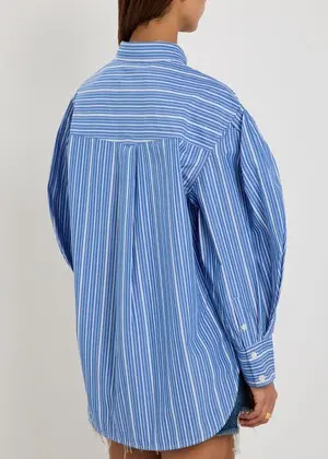 GANNI Striped Organic Cotton Poplin Shirt With Puff Sleeves - Navy
