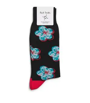 Paul Smith Floral Patterned Organic Cotton-rich Crew Socks - Black