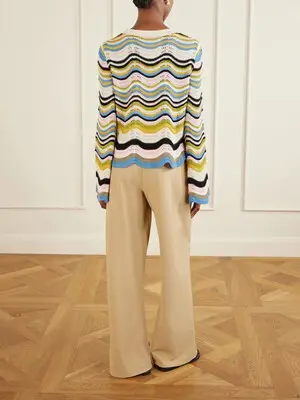 La DoubleJ Scalloped Striped Crocheted Cotton T-shirt - Blue