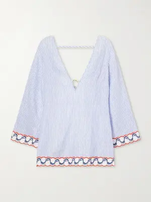 Farm Rio Embroidered Striped Linen Coverup - Blue