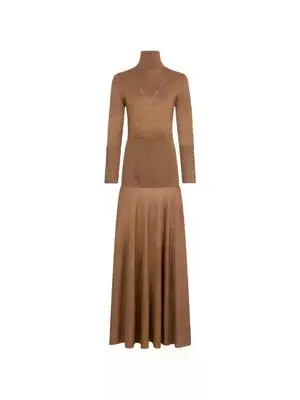 Rabanne Camel Knit Turtleneck Maxi Dress With Button Cuffs