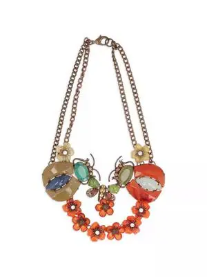 Vintage Floral Embellished Insect Detail Necklace - Brown