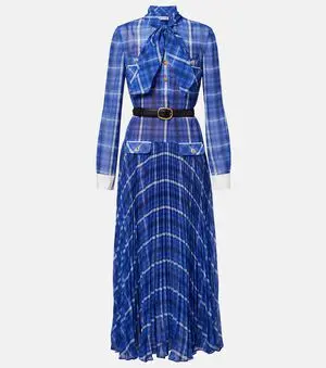 SELF-PORTRAIT Belted Checked Chiffon Midi Dress