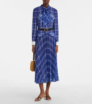 SELF-PORTRAIT Belted Checked Chiffon Midi Dress