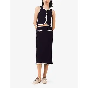 Maje Button-embellished Patch-pocket Crochet-knit Midi Skirt - Navy