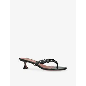 Amina Muaddi Janis Thong 45 Leather Heeled Sandals - Black