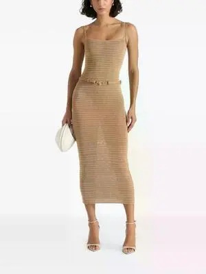 Manière De Voir Danika Metallic Rib-knit Belted Midi Dress - Neutrals
