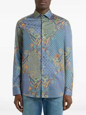 Etro Shirt In Cotton Satin With Paisley And Tie Motif - Blue