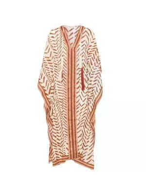 Johanna Ortiz Beige Abstract Pattern V-neck Midi Dress - Neutrals
