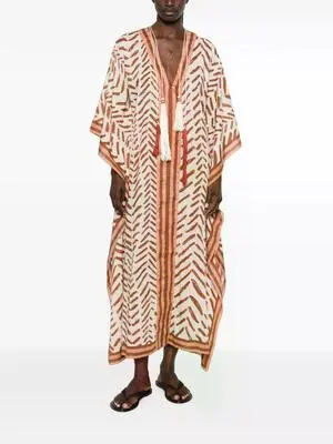 Johanna Ortiz Beige Abstract Pattern V-neck Midi Dress