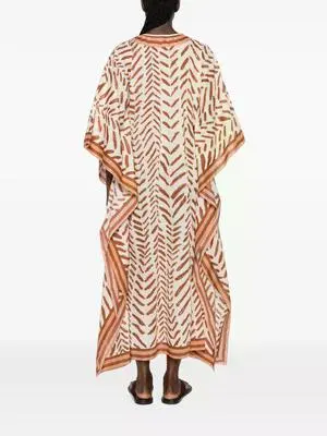 Johanna Ortiz Beige Abstract Pattern V-neck Midi Dress