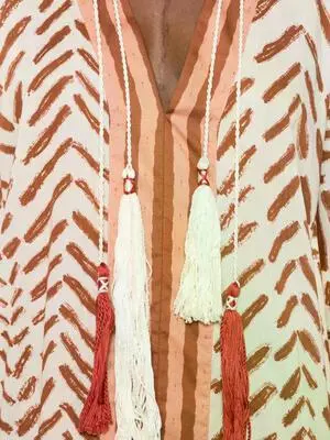 Johanna Ortiz Beige Abstract Pattern V-neck Midi Dress