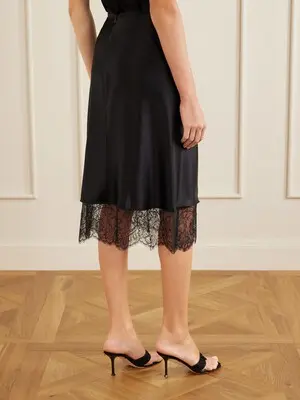 SIR. Ingrid Ruched Satin Midi Skirt With Lace Trim - Black