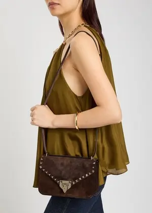 Valentino Garavani Rockstud Small Suede Shoulder Bag - Brown