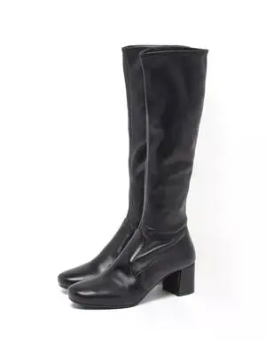 Prada Leather Round Toe Block Heel Knee-high Boots - Black