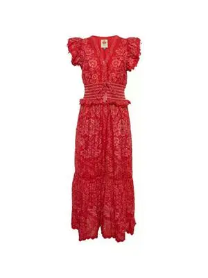 Farm Rio Floral Print Ruffled Maxi Dress - Red